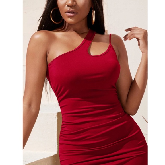 Rouge! | Dresses | Red Sexy Ruched Bodycon Dress Cut Out One Shoulder ...
